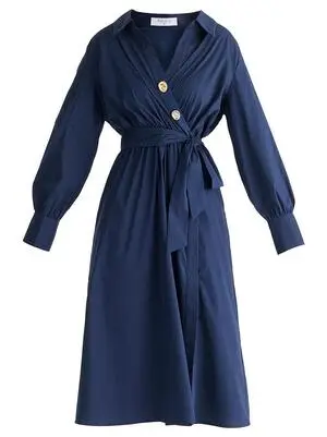PAISIE Wrap Midi Shirt Dress With Metallic Button Details In Navy - Blue
