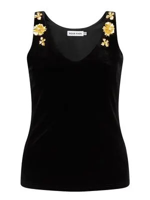 SOUR FIGS Floral Embellished Velvet Top - Black