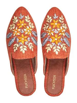 FUCHSIA SHOES Fuchsia Shoes Handmade Embroidered Canvas Mules Orange