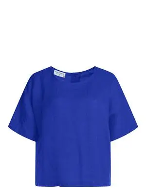 Haris Cotton Round Neck Linen Blouse With Batwing Sleeve And Back Buttons Sapphire - Blue