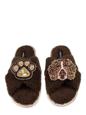 LAINES LONDON Boucle Slippers With Embellished Dog And Paw Brooches - Brown