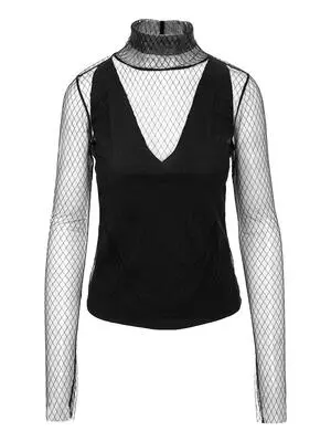 SILVIA SERBAN Textured Tulle Turtleneck Top - Black