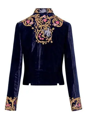 BEATRICE VON TRESCKOW Navy Embroidered Velvet Valerie Cropped Jacket - Blue