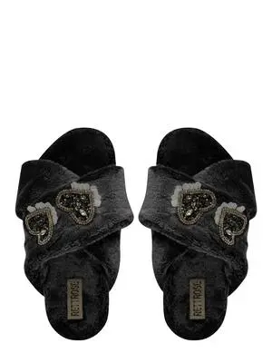 RETTROSE Katie Charcoal Luxury Plush Diamanté Heart Embellished Handmade Slipper - Grey