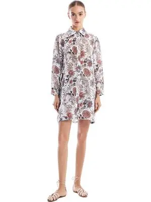 Haris Cotton Longline Printed Linen Blend Shirt With Long Sleeves Garden - White