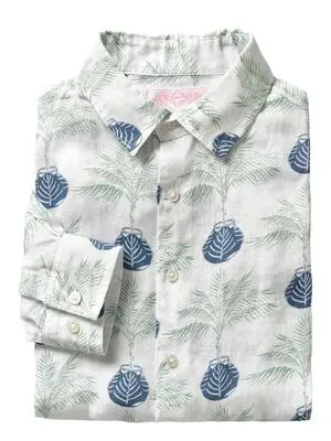 PINK HOUSE Linen Shirt Potted Palm Green And Navy - Blue
