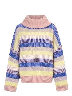 CARA & THE SKY Blue / Pink Tasha Oversized Balloon Sleeve Stripe Roll Neck Jumper Pink - Blue/pink