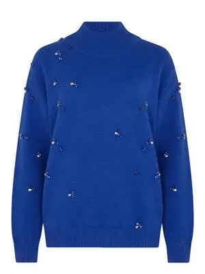 SOUR FIGS Gemstone-embellished High-neck Jumper In Sapphire - Blue