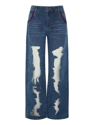 LIMAR Embroidered Distressed Wide Leg Sheer Panel Jeans - Blue