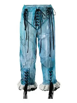 PALOMA LIRA Printed Chiffon Pants With Lace Draping - Blue