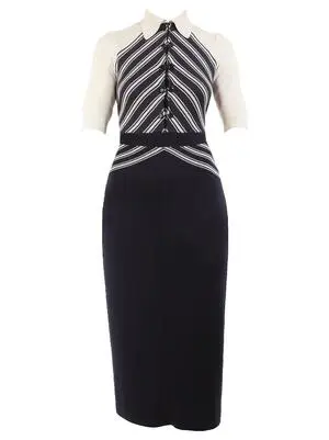 COMBELLE The Colbert Dress, Our Sophisticated Navy & Cream Stripe Vintage-inspired Pencil Midi Dress - Blue