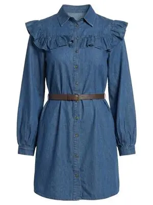 MODENAIRE Ruffled Collar Denim Shirt Dress - Blue