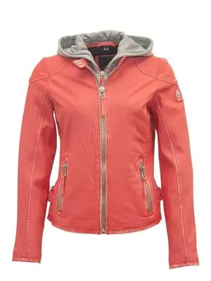 Mauritius Leather Moto Jacket Removable Hood Finja Coral - Orange