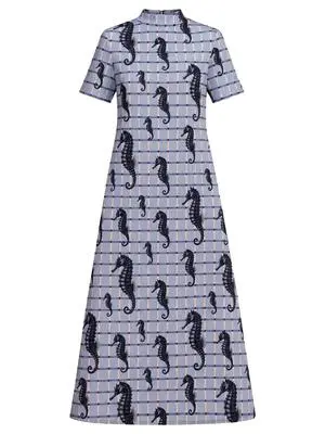 JULIA ALLERT Neutrals / Pale Seahorse Grid Print Fluid A-line Dress – Capsule Edition - Blue