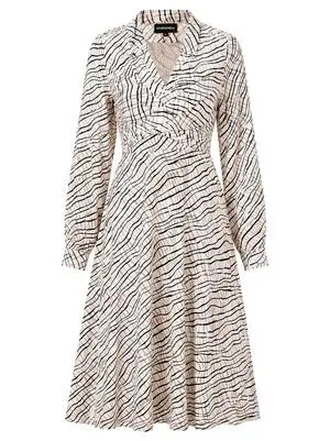 SMART AND JOY Cross Drape V Neckline Flared Printed Dress Beige And - Brown