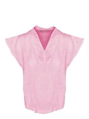Haris Cotton Linen V-neck Blouse With Short Flutter Sleeves Powder - Pink