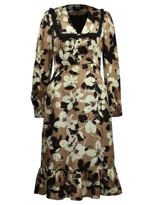SMART AND JOY Ruffle Collar Macro Flower Print Dress Beige - Brown