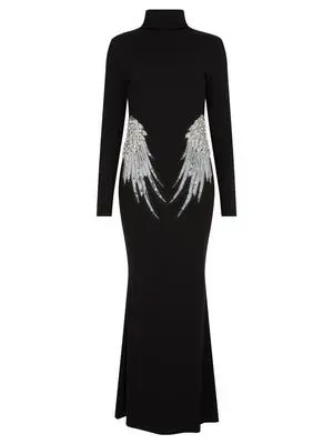 SOUR FIGS Black / Silver Embellished Wing Detail Evening Gown In Black - Black/silver