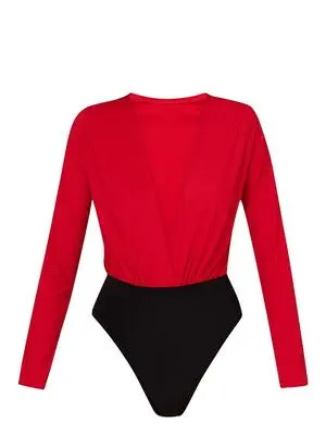 LIA ARAM V-cut Neckline Bodysuit Red