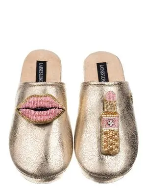 LAINES LONDON Softie Slippers With Pink Lipstick & Lips Brooches - Gold