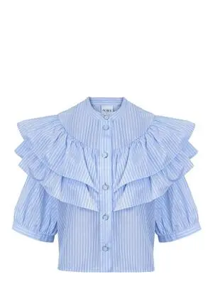AOIFE® Short Sleeve Ruched Cotton Silk Blouse - Blue