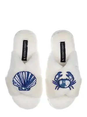 LAINES LONDON Laines London Faux Fur Cross Strap Slippers With Shell And Crab Brooches White