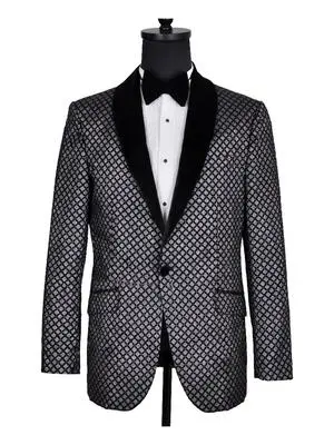 DAVID WEJ Grey / Black Washington Jacquard Velvet Shawl Lapel Blazer Grey - Grey/black