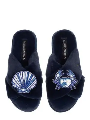 LAINES LONDON Classic Slippers With Mediterranean Brooches - Blue