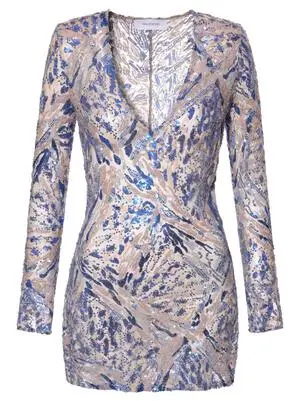 AGGI BY HALEWSKI Aira Mix Sparkle Sequin Mini Dress With Long Sleeve - Blue