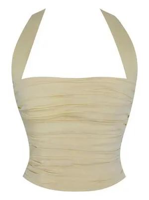 MISS CIRCLE NEW YORK Wilsie Lemon Cotton Poplin Ruched Halter Top - Yellow