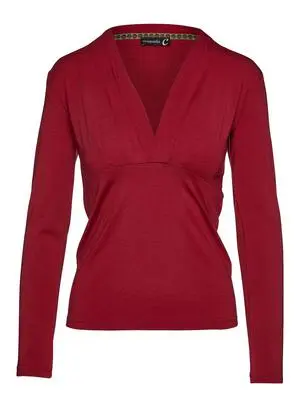 CONQUISTA Long Sleeve Wine Faux Wrap Top In Stretch Jersey Sustainable Fabric Red