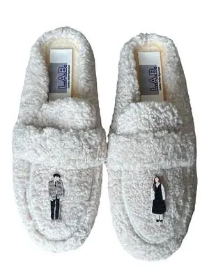 LONDON ATELIER BYPRODUCT Neutrals Shearling Mules Slippers With Embroidery Patches - Beige