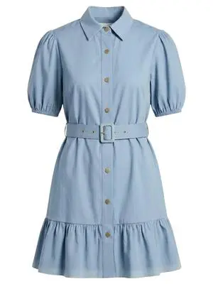 MODENAIRE Button Up Mini Dress Sculpted Sleeve - Blue