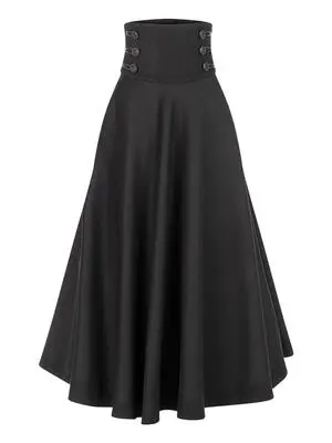 NIKKA PLACE Wool Floor Length Skirt With Hight Waist & Front Buttons Black