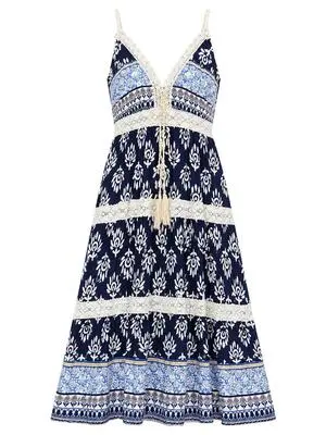YUMI Navy Viscose Paisley Print Midi Sun Dress - Blue
