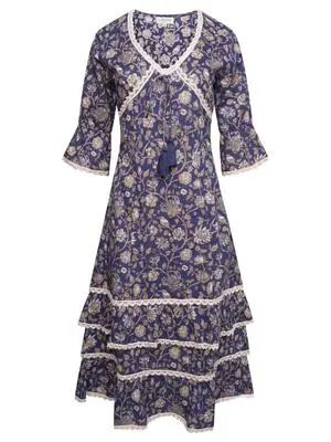 LATELIER LONDON Navy Floral Block Print Cotton Dress - Blue