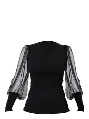 METAMORPHOZA V-neck Casual Top With Tulle Sleeves - Black