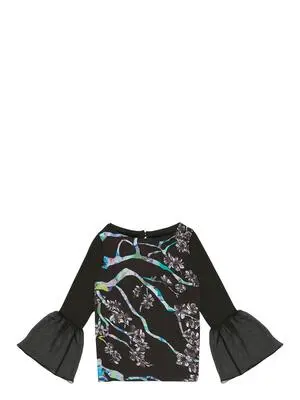 TRAMP IN DISGUISE Chika Satin Top With Floral Print And Flared Chiffon Sleeves - Black