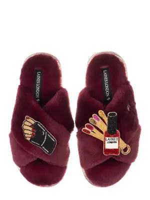 LAINES LONDON Classic Laines Slippers With Olive Nail Tech Brooches Burgundy - Red