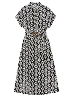 YUMI Viscose Midi Shirt Dress With Matching Belt - Black