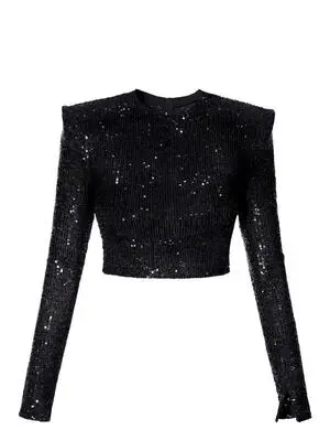 AGGI BY HALEWSKI Zoey Sparkle Sequin Long Sleeve Crop Top - Black