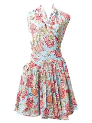 WILD ROSE Wrap Sky Floral Cotton Hand Block Print Dress - Blue