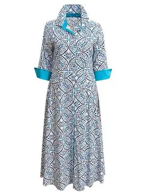 PERLAVERA Neila Capri Tile Printed Three Quarter Sleeve Flared Bottom Maxi Dress