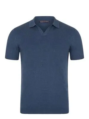 PAUL JAMES KNITWEAR Ultra Fine Cotton Nathann Buttonless Polo Shirt Melange - Blue