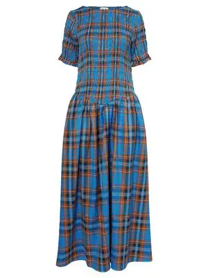 AMY LYNN Beatrix Pure Cotton Smocked Plaid Midi Dress - Blue