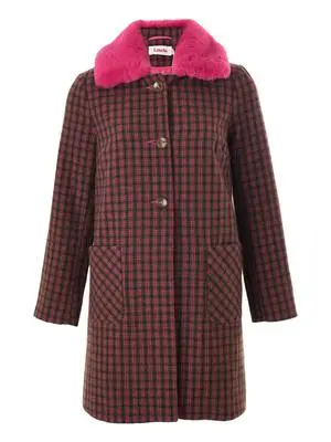 LOUCHE Dryden Wyoming Check Faux Fur Collar Coat - Pink