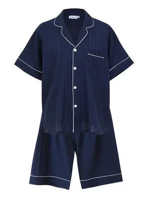LUNALUZ Le Blanc Textured Cotton Short-sleeve Pajama Set – Navy - Blue