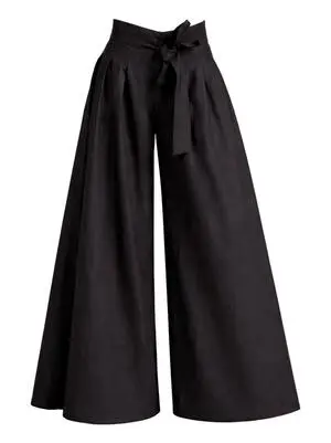 NIKKA PLACE Wrap Around Wide Leg Linen Pants With Front Tie - Black