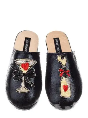 LAINES LONDON Softie Slippers With Popping Champagne Brooches - Black