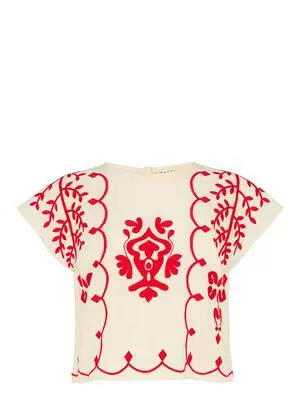 RAFFYA White / Red Fraya Cross Hatch Embroidered Crop Top In White - White/red